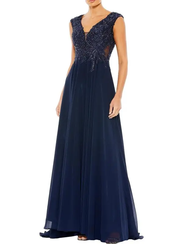 Mac Duggal Metallic Floral Bead-embroidered A-line Gown - Navy