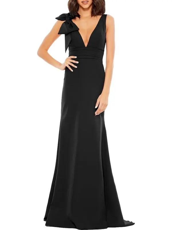 Mac Duggal Bow V-neck A-line Gown - Black