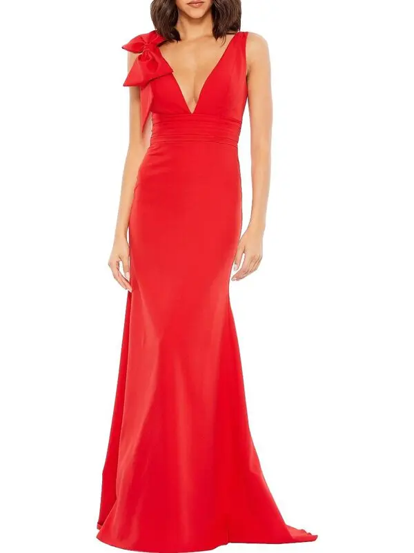 Mac Duggal Bow V-neck A-line Gown - Red