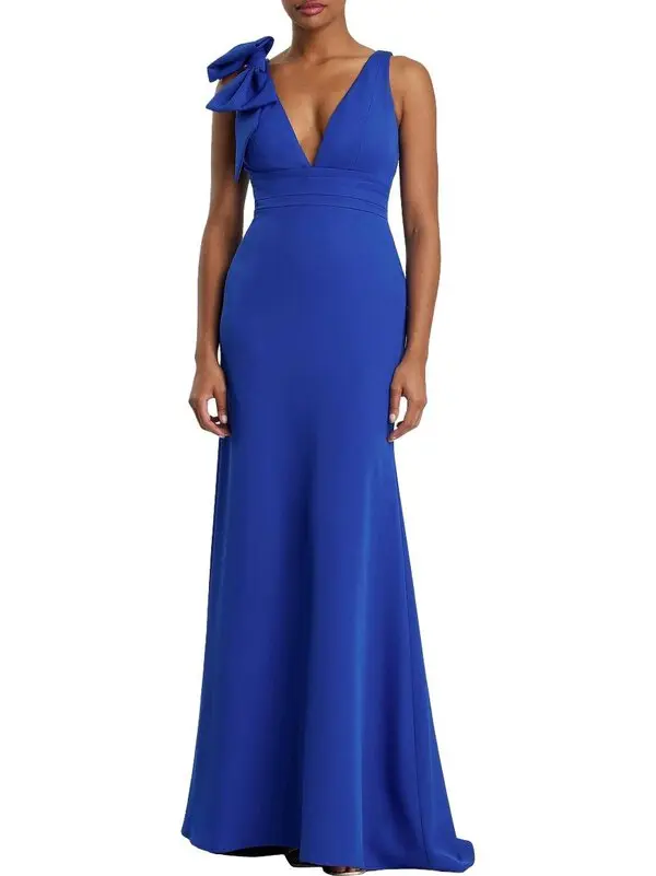 Mac Duggal Bow V-neck A-line Gown - Royal Blue