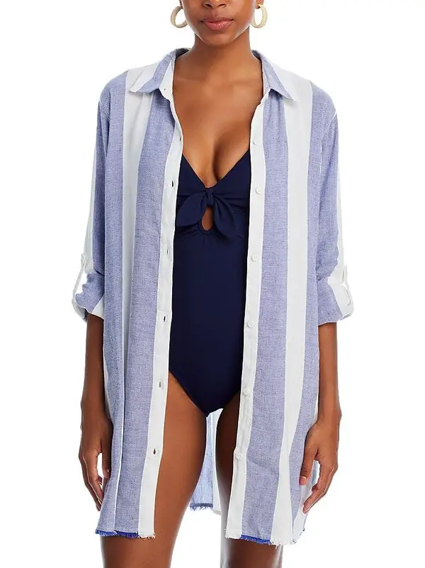 Tommy Bahama Rugby Beach Stripe Boyfriend Shirt Swim Coverup - White
