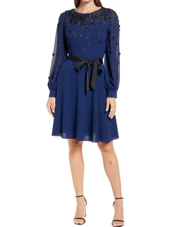 Shani Floral Embellished Long Sleeve Fit-and-flare Dress - Blue