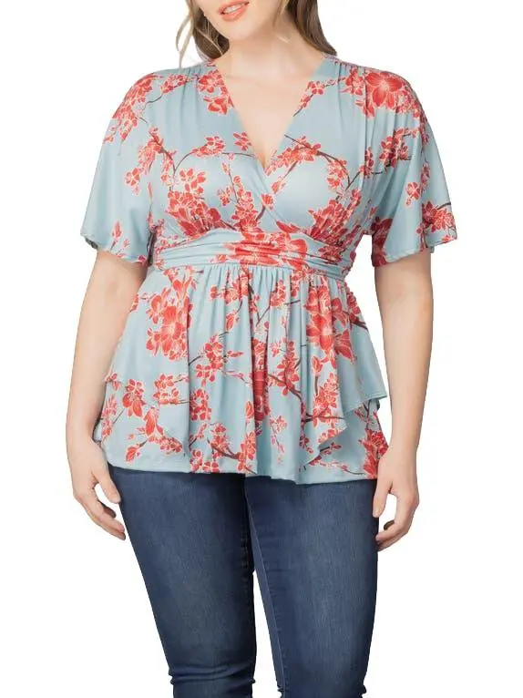 KIYONNA Encore Print Faux Wrap Top - Cherry Blossom Print