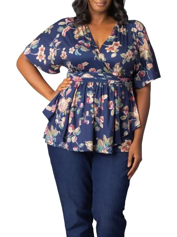KIYONNA Encore Print Faux Wrap Top - Navy Floral Motif