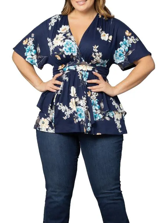 KIYONNA Encore Print Faux Wrap Top - Navy Floral Print