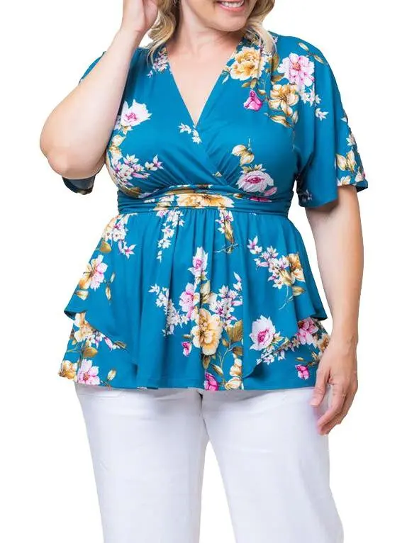 KIYONNA Encore Print Faux Wrap Top - Teal Floral Print