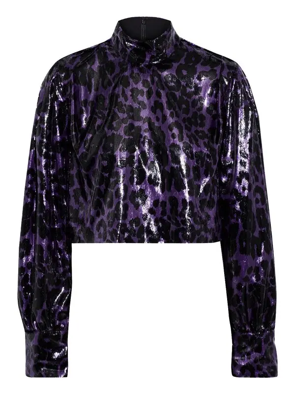 Diane Von Furstenberg Sala Cropped Metallic Leopard-print Velvet Turtleneck Top - Purple