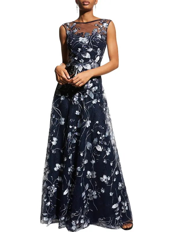 Rickie Freeman For Teri Jon Embroidered Tulle Gown - Navy Silver