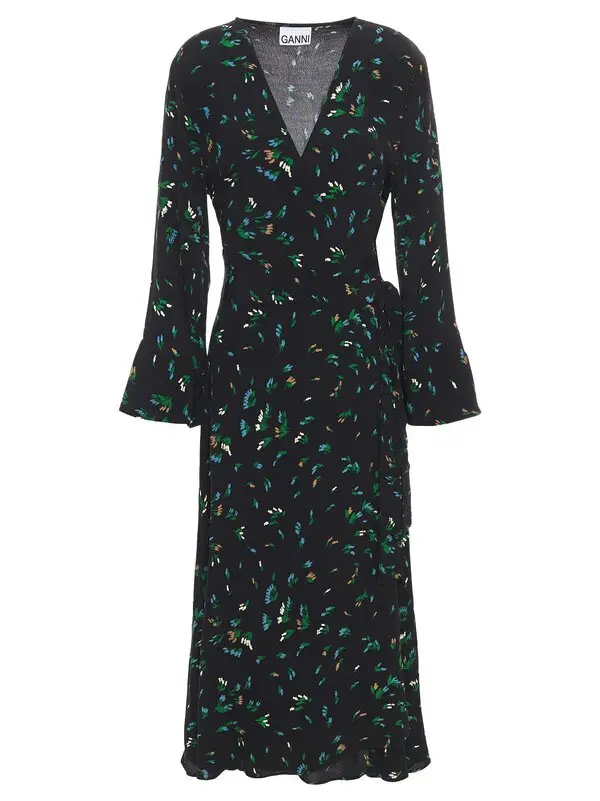 GANNI Printed Crepe Midi Wrap Dress - Green