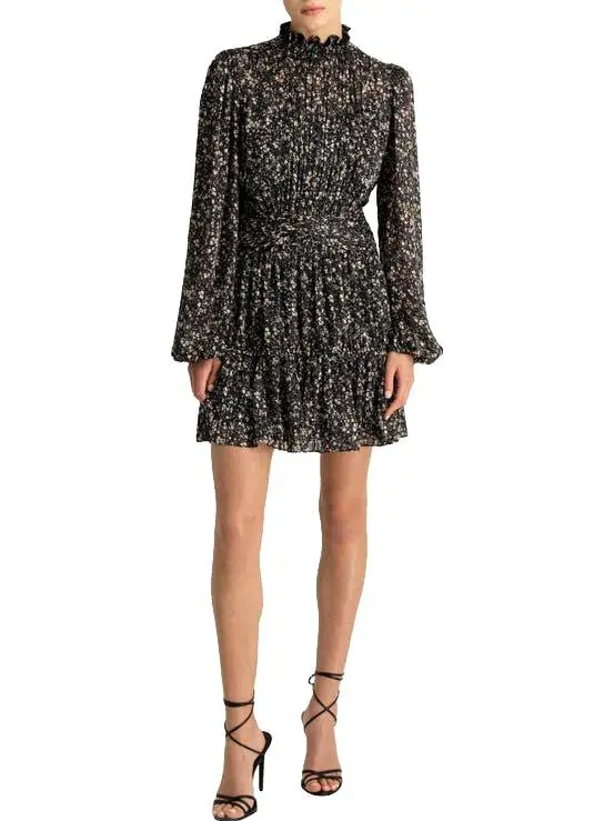 Monique Lhuillier Floral Long Sleeve Minidress - Jet Field Of Ditzies