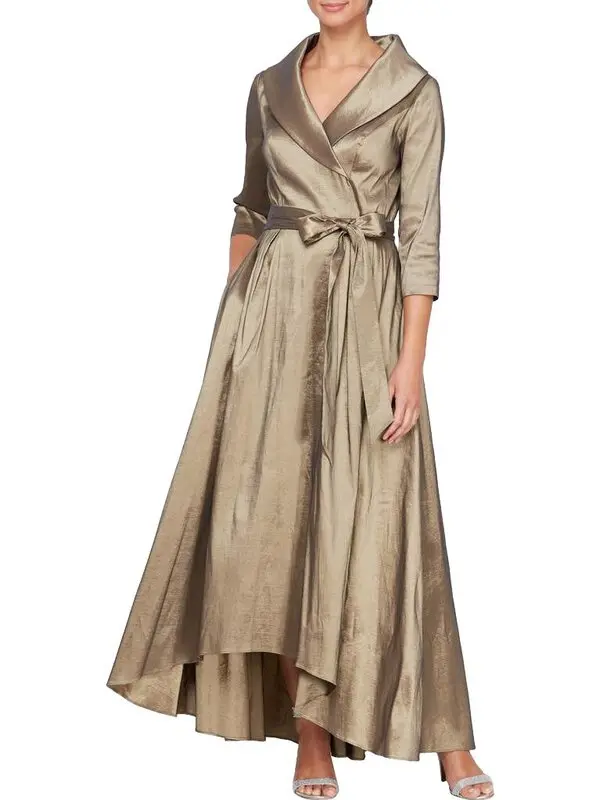 Alex Evenings Portrait Collar Faux Wrap Gown - Bronze