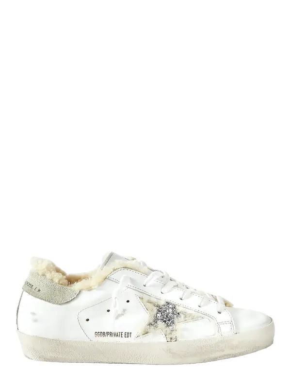 GOLDEN GOOSE Superstar Shearling-lined Distressed Glittered Leather Sneakers - White