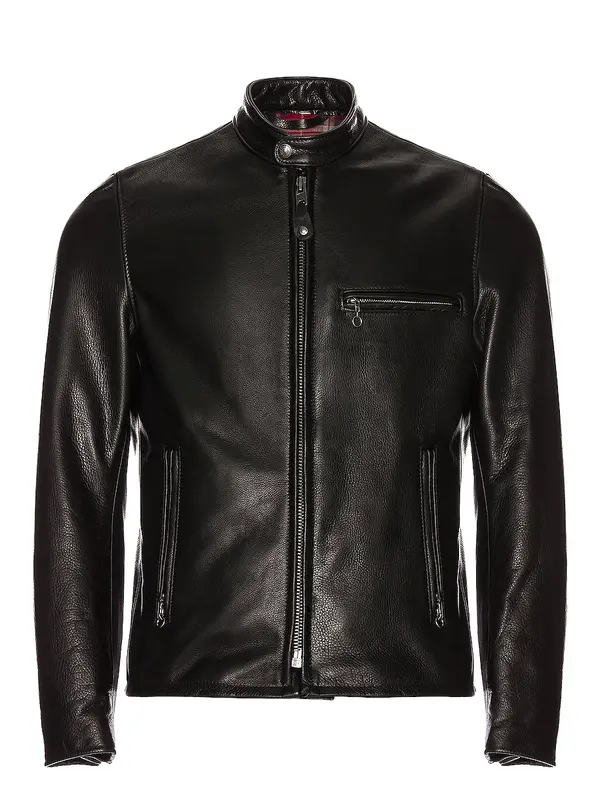 SCHOTT Waxed Pebbled Cowhide Cafe Leather Jacket - Black