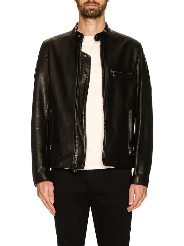SCHOTT Waxed Pebbled Cowhide Cafe Leather Jacket - Black