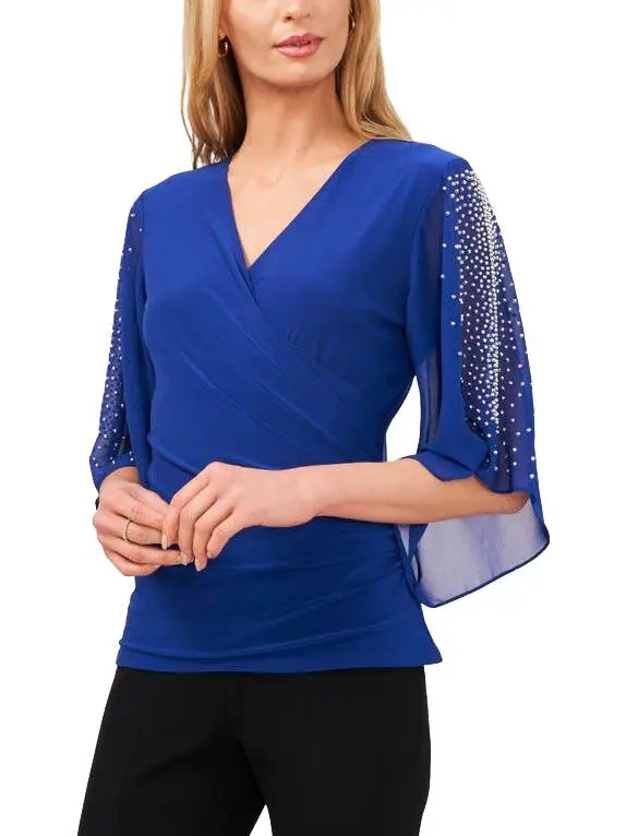 Chaus Beaded Sleeve Surplice Knit Top - Goddess Blue