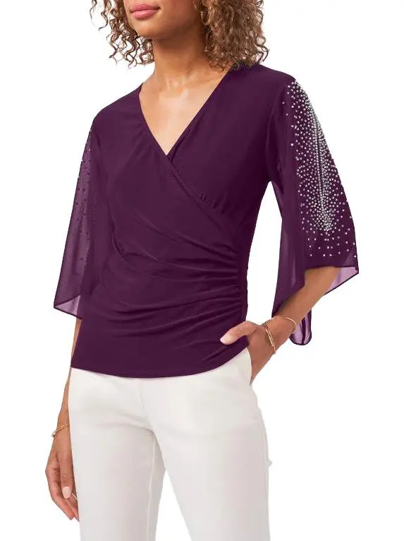 Chaus Beaded Sleeve Surplice Knit Top - Luxe Plum