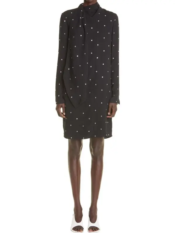 St. John Rhinestone Embellished Scarf Neck Silk Dress - Black