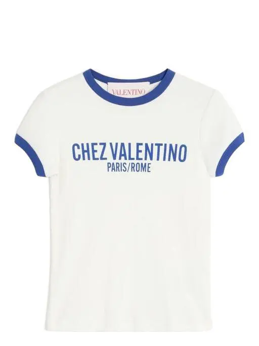 Valentino Garavani Cotton Jersey T-shirt With Chez Print - Ivory/electric Blue