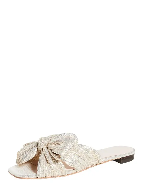 LOEFFLER RANDALL Daphne Pleated Bow Slides - Platinum Lame