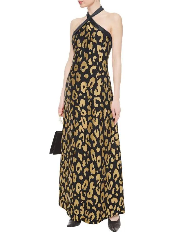 TEMPERLEY LONDON Metallic Leopard Jacquard Halterneck Midi Dress - Black