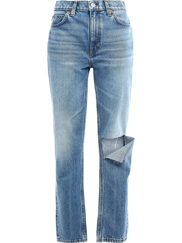 RE/DONE 70s Distressed High Rise Straight Leg Jeans - Mid Denim
