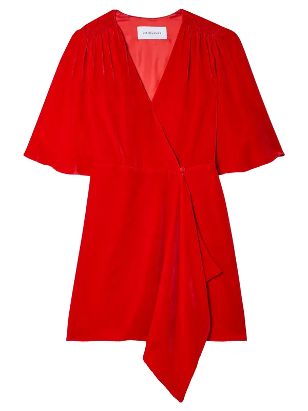 Les Reveries Draped Velvet Mini Wrap Dress - Red