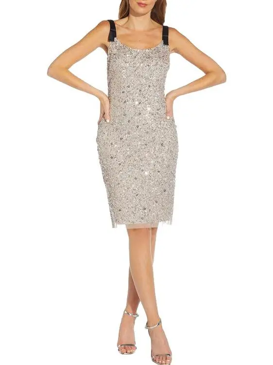 Adrianna Papell Beaded Mesh Cocktail Dress With Ribbon Straps - Marble