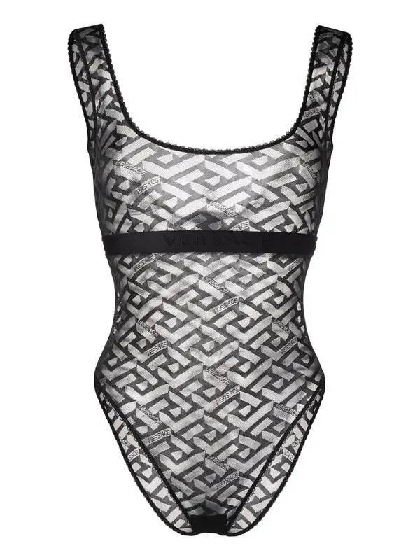 Versace La Greca Tulle Bodysuit - Black
