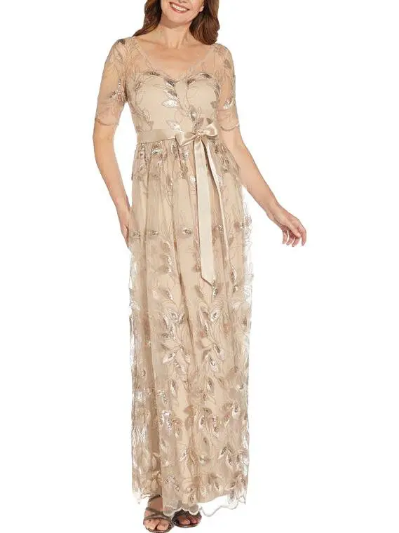 Adrianna Papell Embroidered Evening Gown - Champagne Gold