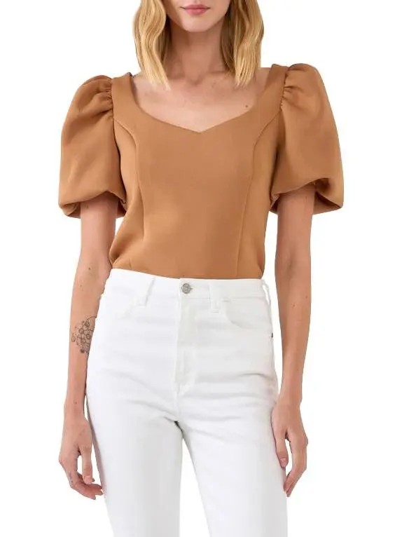 English Factory Scuba Knit Puff Sleeve Top - Tan
