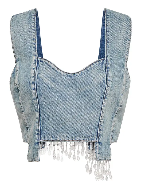 GANNI Embellished Denim Crop Top - Blue