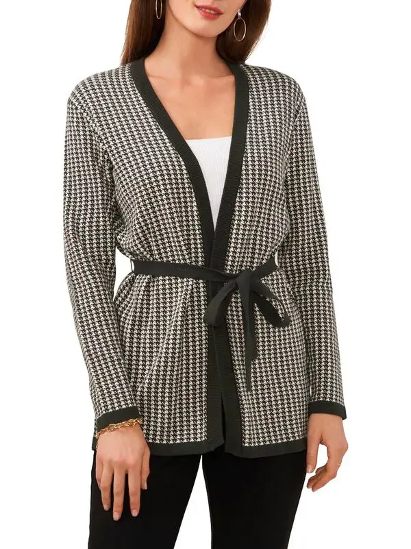 Chaus Houndstooth Belted Cotton Cardigan - Moss