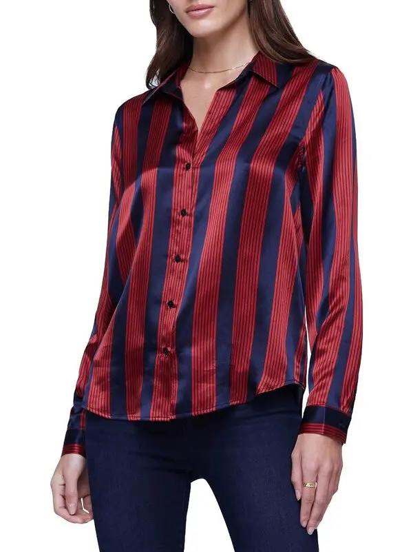 L'Agence Tyler Long Sleeve Silk Shirt - Red Dahlia Midnight Stripe