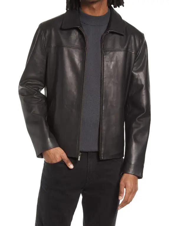Cole Haan Smooth Lamb Leather Collared Jacket - Black