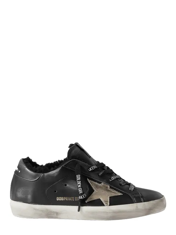 GOLDEN GOOSE Superstar Shearling-lined Distressed Leather Sneakers - Black