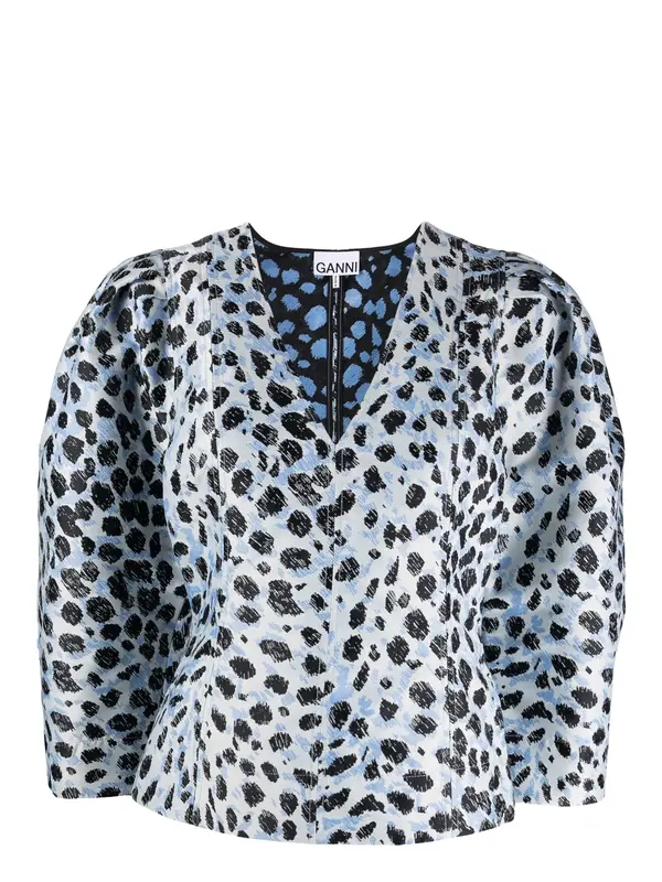 GANNI Leopard-print Puff-sleeve Top - Blue