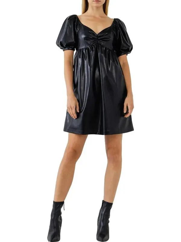 English Factory Faux Leather Babydoll Mini Dress - Black