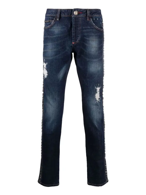 Philipp Plein Distressed Straight-leg Jeans - Blue