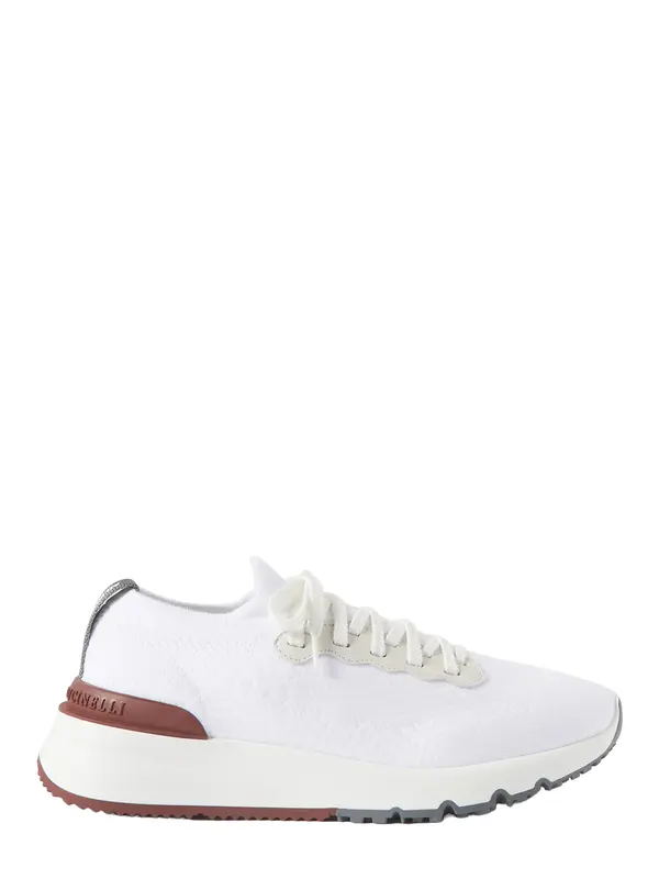Brunello Cucinelli Leather-trimmed Stretch-knit Sneakers - White