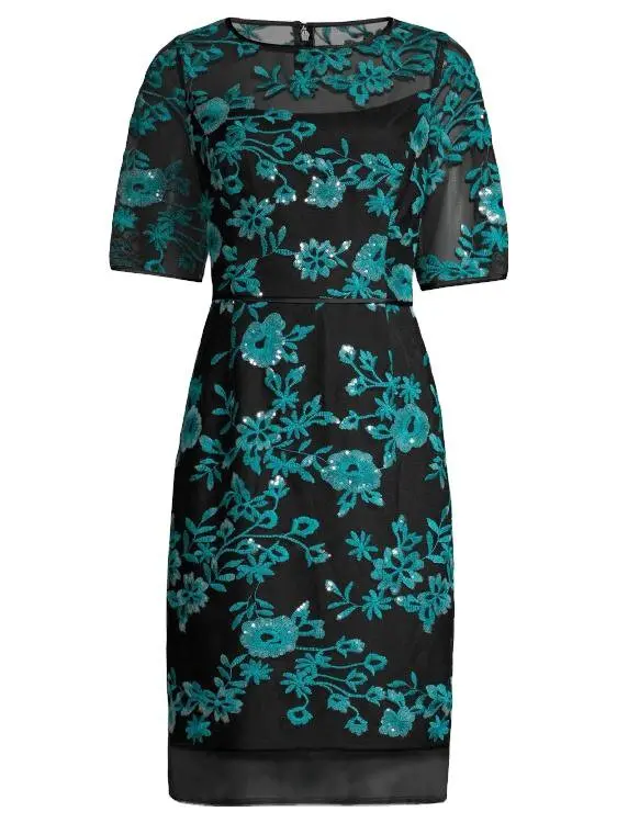 Shani Novelty Embroidered Illusion Dress - Black Teal