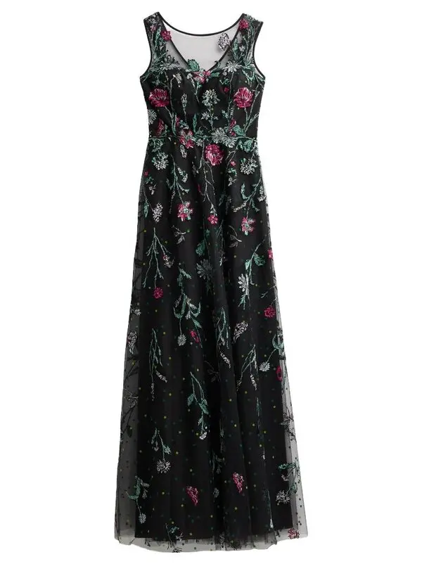Rickie Freeman For Teri Jon Floral Embroidered Tulle Gown - Black Multi