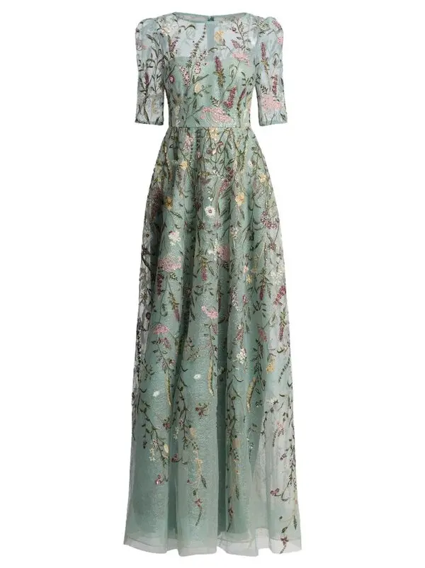 Rickie Freeman For Teri Jon Floral Embroidered Tulle Gown - Sage Multi
