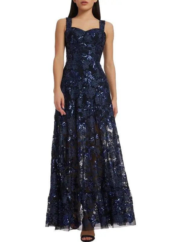 Dress The Population Anabel Floral Sequin Fit & Flare Gown - Navy
