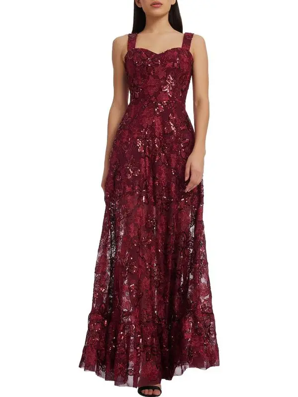 Dress The Population Anabel Floral Sequin Fit & Flare Gown - Port