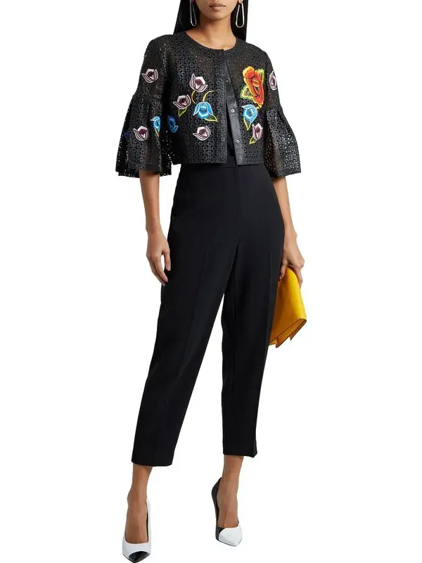 Carolina Herrera Cropped Floral-appliquéd Laser-cut Leather Jacket - Black