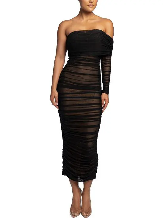 JLUXLABEL Ruched One-shoulder Midi Dress - Black