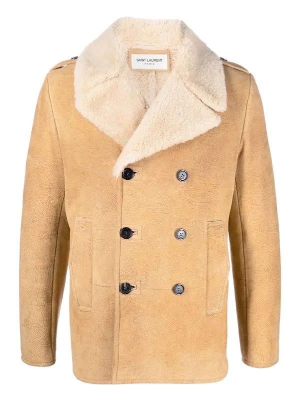 Saint Laurent Double-breasted Shearling Pea Coat - Neutrals