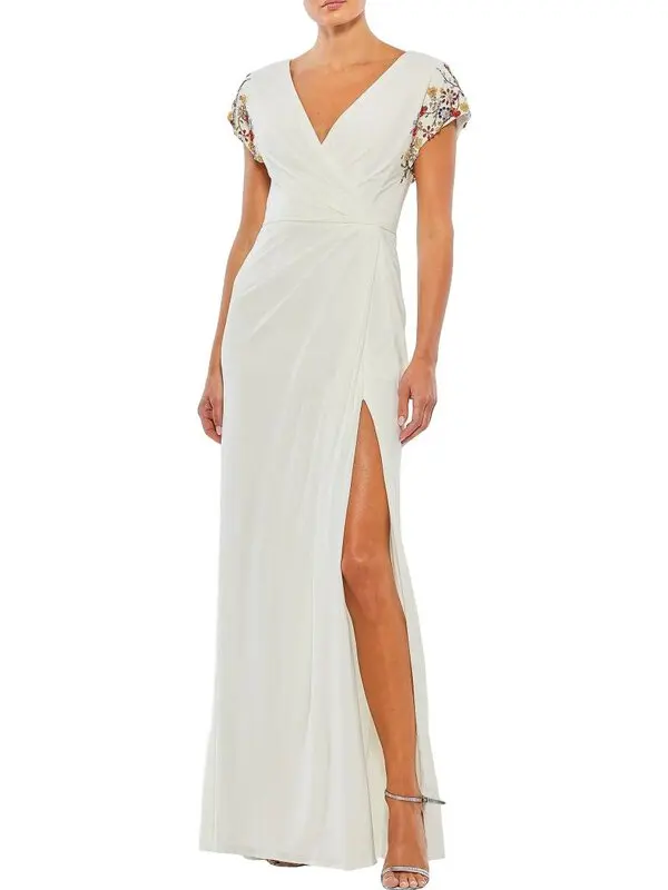 Mac Duggal Embellished Wrap Gown - White Multi