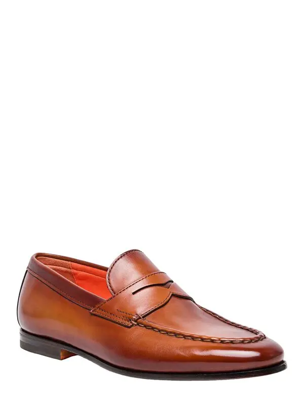 Santoni Door Moc Toe Penny Loafer - Light Brown