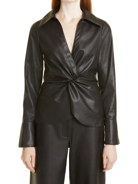 Cinq À Sept Mckenna Faux Leather Knot Front Blouse - Black